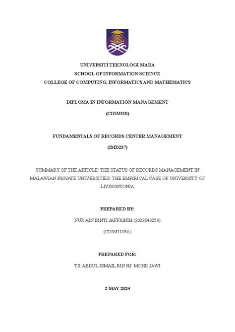 Individual Assignment IMD237 UNIVERSITI TEKNOLOGI MARA Babe OF INFORMATION SCIENCE COLLEGE