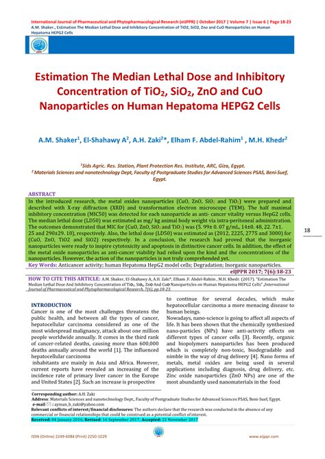 Estimation The Median Lethal Dose And Inhibitory Concentration Of Tio2 Sio2 Zno And Cuo