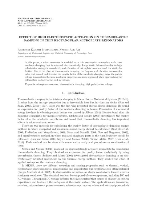 Pdf Effect Of High Electrostatic Actuation On Thermoelastic Damping In Thin Rectangular