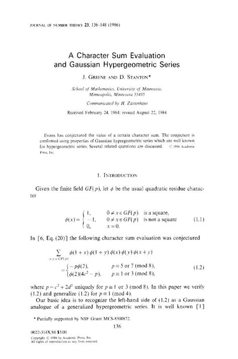 Pdf A Character Sum Evaluation And Gaussian Hypergeometric Seriesjgreene Papers Character Sum