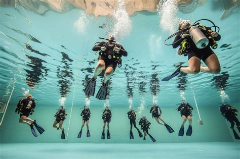 Diving Professionals Learn Buoyancy Control And Underwater Communication In Pools Stock Image