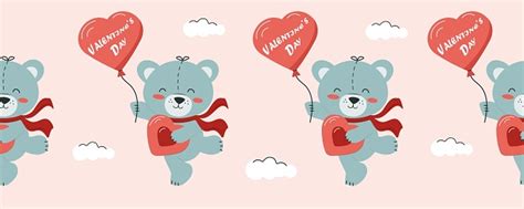 원활한 발렌타인 데이 패턴입니다 테두리 리본 하트와 공을 가진 귀여운 테디 베어 벡터 일러스트 레이 션 가공의 인물에 대한 스톡 벡터 아트 및 기타 이미지 Istock