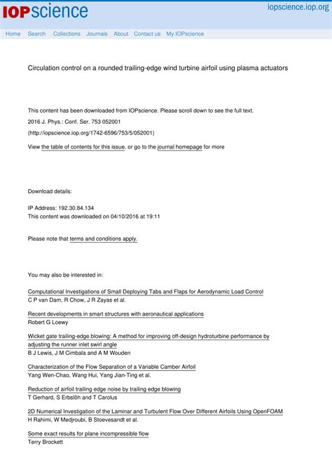 Pdf Circulation Control On A Rounded Trailing Edge Wind Turbine Airfoil Using Plasma Actuators