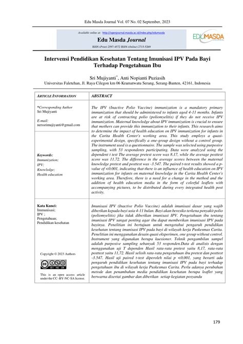 PDF Intervensi Pendidikan Kesehatan Tentang Imunisasi IPV Pada Bayi Terhadap Pengetahuan Ibu