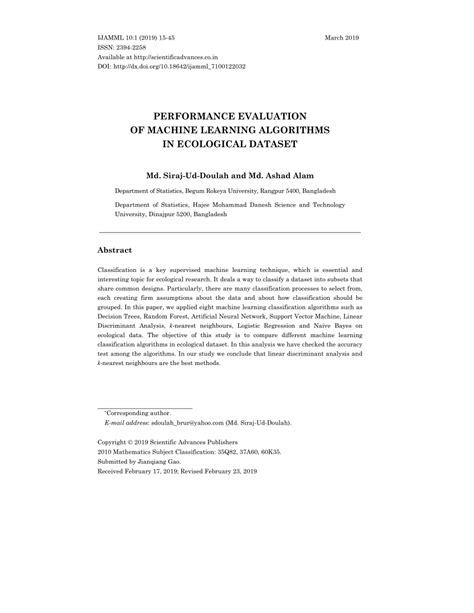 pdf performance evaluation of machine learning algorithms in