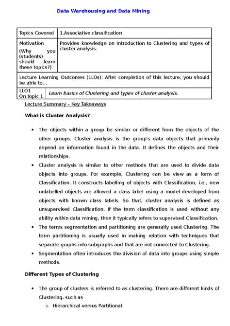 Introduction To Clustering And Types Of Cluster Analysis Lecture Learning Outcomes Llos