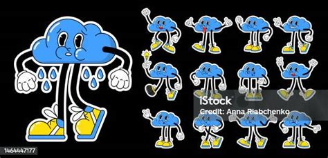 만화 복고풍 캐릭터 마스코트 구름과 장갑을 낀 손 90 년대 스타일의 귀엽고 재미있는 캐릭터가있는 스티커 도우미 벡터 집합 스티커에 대한 스톡 벡터 아트 및 기타 이미지