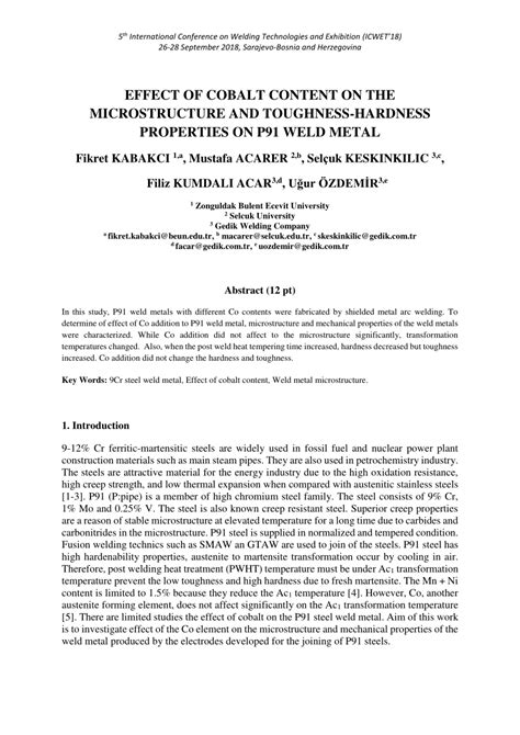 Pdf Effect Of Cobalt Content On The Microstructure And Toughness Hardness Properties On P91