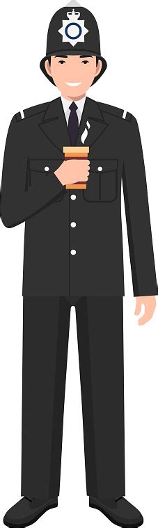 전통적인 제복을 입은 커피 한 잔을 들고 서 있는 영국 경찰관 플랫 스타일의 캐릭터 아이콘 벡터 일러스트 레이 션 Central London에 대한 스톡 벡터 아트 및 기타