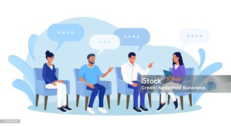 그룹 치료와 중독 치료 질병 환자와 의사 심리학자 상담 심리 치료사 세션 문제로 고통받는 사람들 심리 지원 회의에 참석 토론에 대한 스톡 벡터 아트 및 기타 이미지 Istock