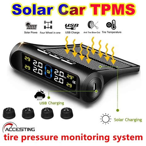 Tpms Wireless Tire Pressure Monitoring System Solar Car Tyre Pressure Alarm Lcd Display Tempera