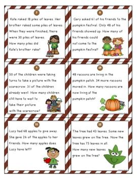Fall Word Problem Task Cards Using Digit Addition Subtraction TPT