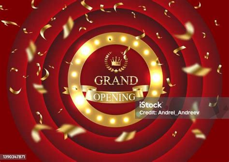 빨간 원과 황금 색종이가있는 그랜드 오프닝에 대한 현실적인 초대 0명에 대한 스톡 벡터 아트 및 기타 이미지 0명