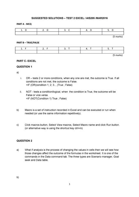 Solution TEST Excel MAR SUGGESTED SOLUTIONS TEST EXCEL AIS MAR PART A MCQ