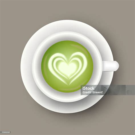 말차 라떼 음료와 컵의 벡터 사실적인 그림 사실적인 뜨거운 녹색 음료의 상단보기 카페 메뉴 디자인 배너 포스터차와 찻잔의 3d 템플릿 3차원 형태에 대한 스톡 벡터 아트 및