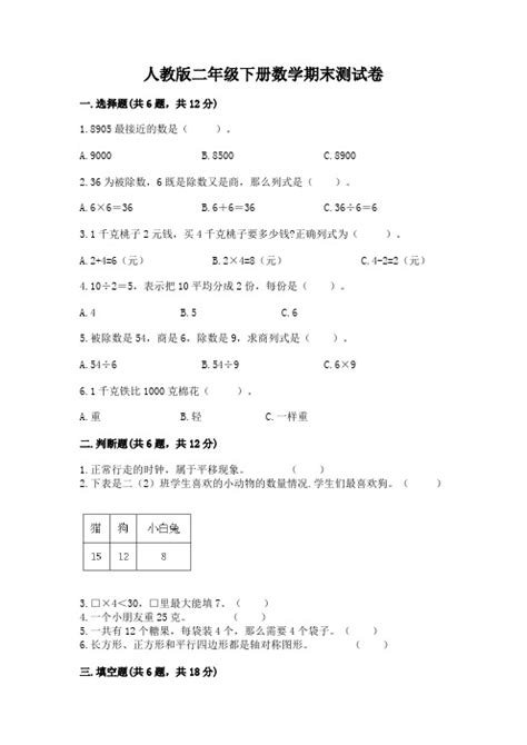 人教版小学二年级数学下册期末测试题及答案 文档之家