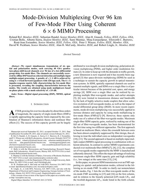 Pdf Mode Division Multiplexing Over 96 Km Of Few Mode Fiber Using Coherent 6 Times 6