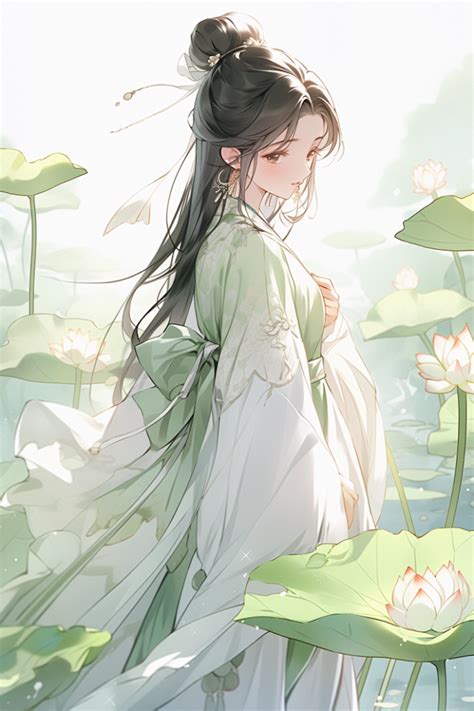 水墨荷叶古装绿衣少女古风女生插画