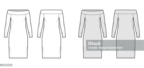 드레스 오프 숄더 바르도 기술 패션 일러스트와 긴 소매 오버사이즈 바디 무릎 길이 연필 0명에 대한 스톡 벡터 아트 및 기타