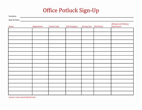 Free Excel Potluck Sign Up Sheet Templates