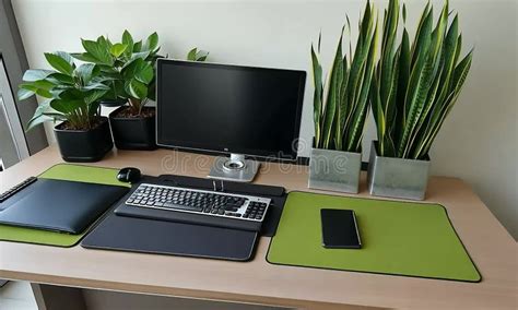 Modern Workspace Featuring A Computer Setup With Plants Showcasing Organization And
