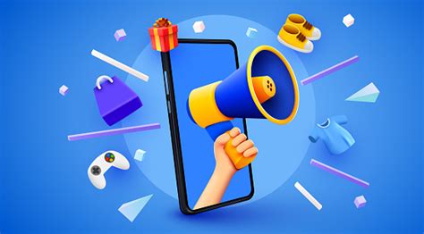 할인을 위해 스마트 폰에서 메가폰 스피커를 들고있는 3d 손 발표 패션 요소가있는 판매 모형 벡터 일러스트레이션 3차원 형태에 대한 스톡 벡터 아트 및 기타 이미지 Istock