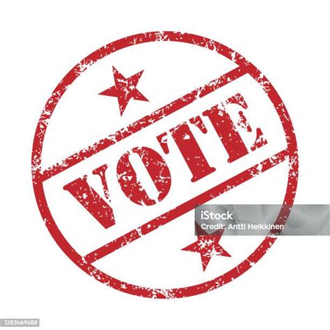 그런지 텍스처로 고무 스탬프에 투표하십시오 빨간색 잉크 씰 라벨 기호입니다 텍스트 스티커 아이콘입니다 선거 투표 태그 로고 기호입니다 벡터 일러스트 이미지입니다 흰색 배경에