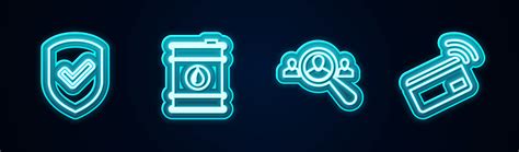 체크 마크 배럴 오일 검색 사람과 비접촉식 지불을위한 돋보기와 라인 쉴드를 설정합니다 빛나는 네온 아이콘 벡터 가솔린에 대한 스톡 벡터 아트 및 기타 이미지 Istock