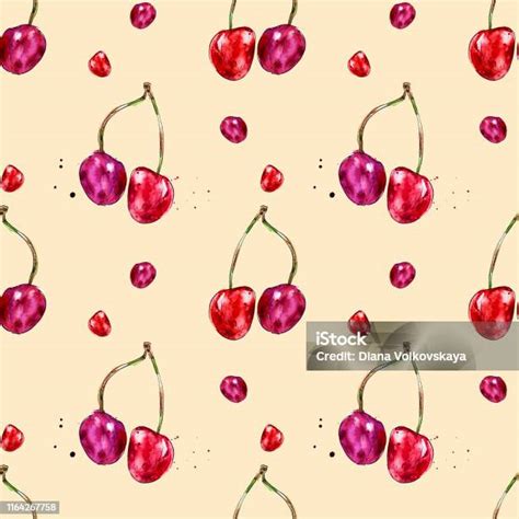 노란색 배경에 빨간색 육즙 체리에서 수채화 원활한 패턴 스케치 드로잉 손으로 그린 음식 일러스트 0명에 대한 스톡 벡터 아트 및 기타 이미지 Istock