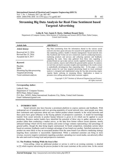 Streaming Big Data Analysis For Real Time Sentiment Based Targeted Advertising Pdf