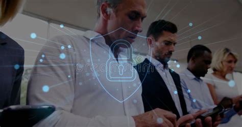 Animation Of Shield With Padlock Over Diverse Colleagues Using Smartphones Stock Footage Video