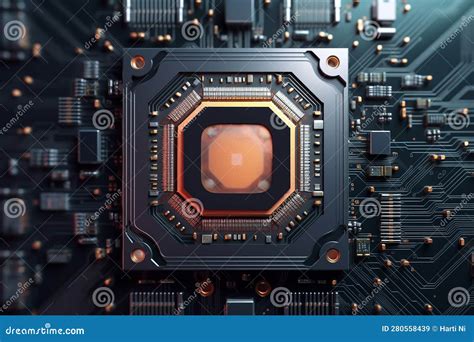 top view of computer processor chip with circuit on motherboard component system stock