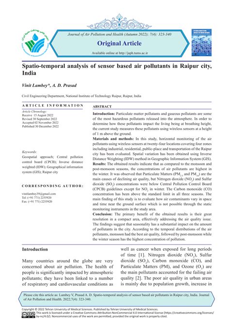 Pdf Spatio Temporal Analysis Of Sensor Based Air Pollutants In Raipur City India