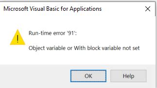 All Of The Sudden Getting Excel Vba Error Code Object Variable Or With Block Variable Not