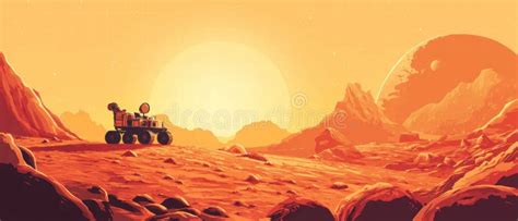 Exploring The Martian Landscape With A Probe Under A Glowing Sunset