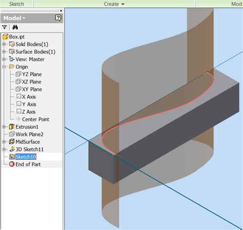 solved sketch using curve generated by intersection of surface and a