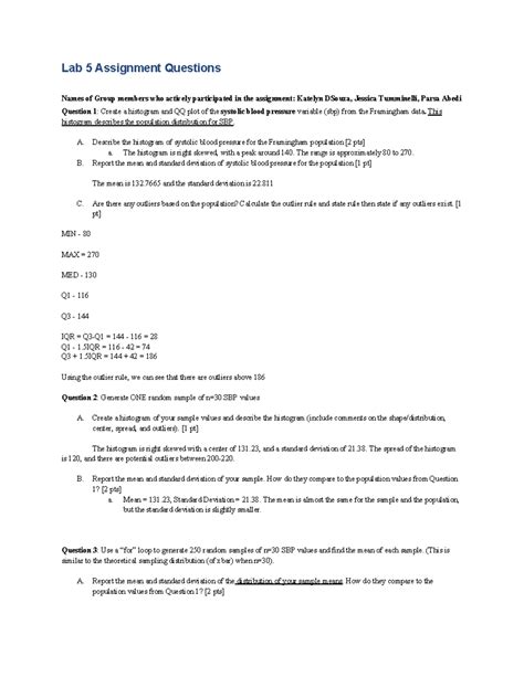 STAT Lab 5 Assignment Lab 5 Assignment Questions Names Of Group Members Who Actively