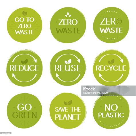제로 폐기물 라벨 세트 환경 보호 스티커 수집을 줄이고 재사용하고 재활용하십시오 아니 플라스틱과 녹색 슬로건을 이동합니다 벡터 일러스트레이션 0에 대한 스톡 벡터 아트 및