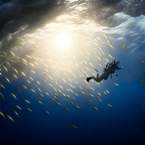 Seascape Image Of Divers Swimming And Exploring The Depth Of The Ocean