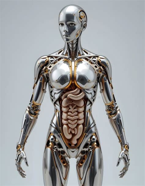 A Futuristic Female Android Anatomy Chrome And Gold Robotic Body With Visible Internal Organs