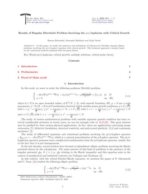 Pdf Results Of Singular Direchelet Problem Involving The Px Laplacian With Critical Growth