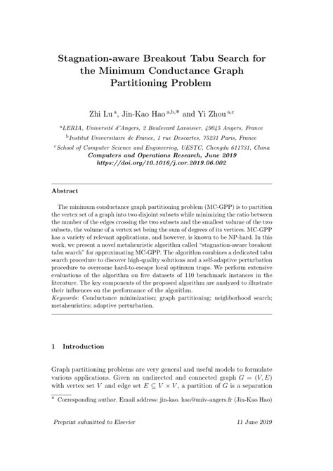 Pdf Stagnation Aware Breakout Tabu Search For The Minimum Conductance Graph Partitioning Problem