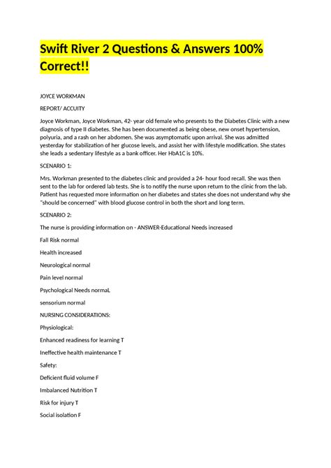 Swift River 2 Questions And Answers 100 Correct Exams Nursing Docsity