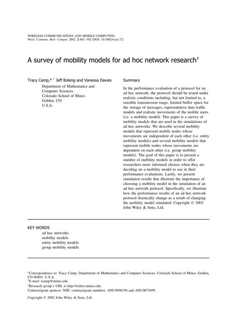 Pdf A Survey Of Mobility Models For Ad Hoc Network Research
