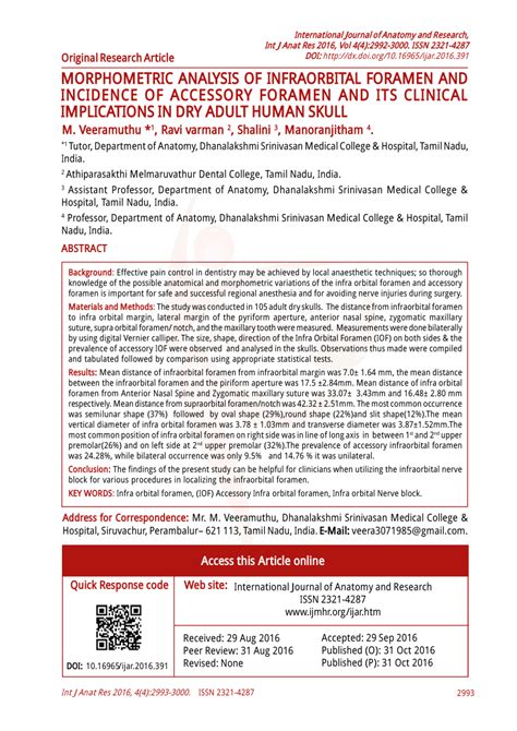 Pdf Morphometric Analysis Of Infraorbital Foramen And Incidence Of Accessory Foramen And Its