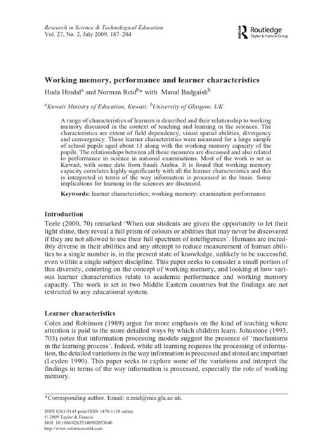 Working Memory Performance And Learner Characteristics Pdf Memory