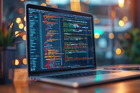 Modern Laptop Displaying Colorful Programming Code With Blurred Lights In Technology Workspace