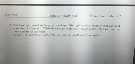 Solved Mac 2311 Learning Activity 13 Optimization Problems
