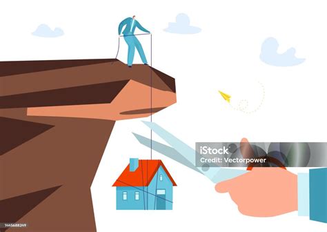 개념 채무자 서 있는 가장자리 절벽 홀드 개인 집 부채 모기지 대출 평면 벡터 일러스트 사업가 가위 컷 개념에 대한 스톡 벡터 아트 및 기타 이미지 Istock