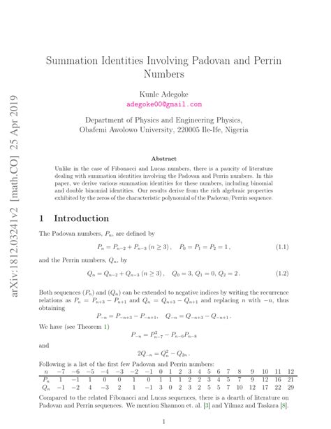 Pdf Summation Identities Involving Padovan And Perrin Numbers